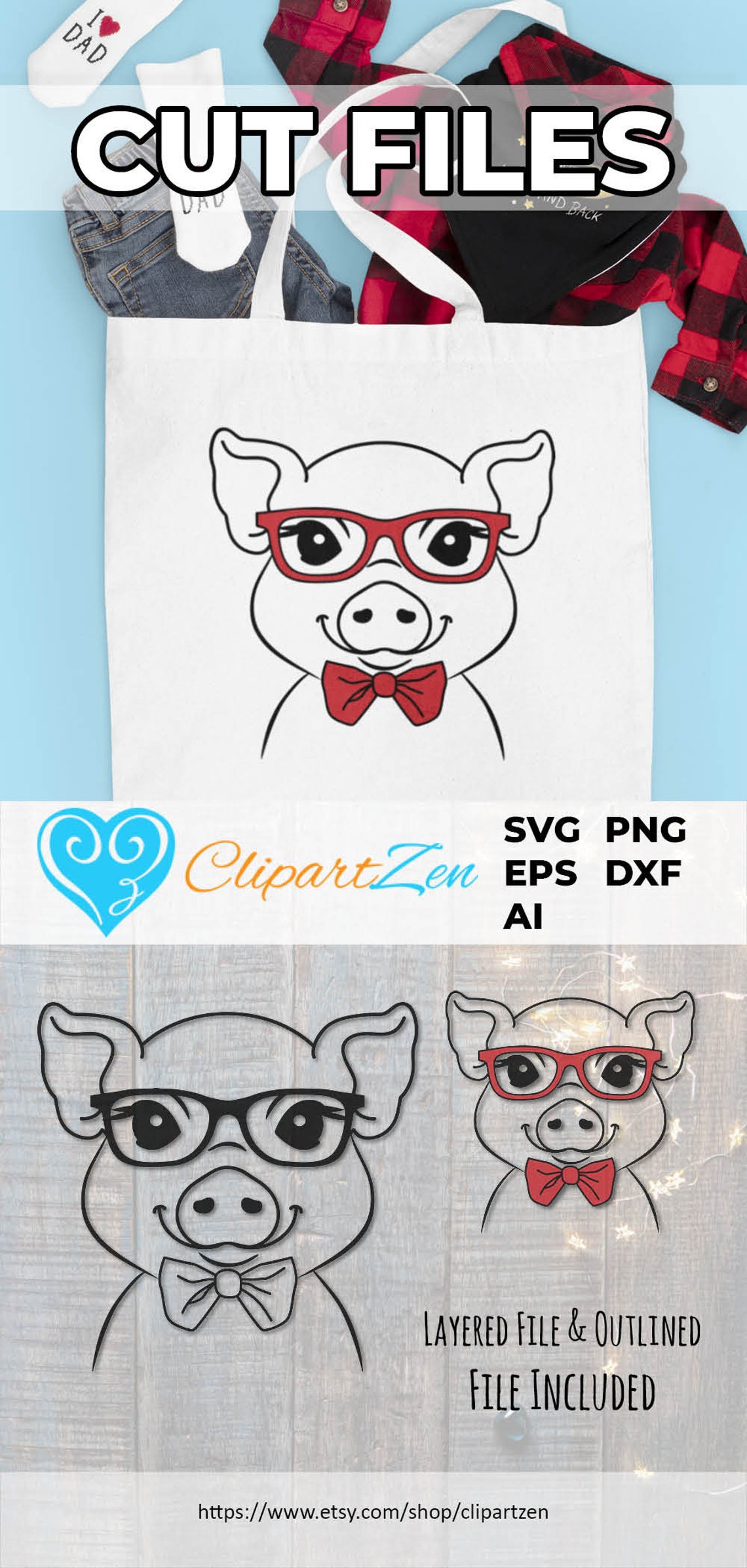 Pig With Glasses and Bowtie, Fathers Papa Grandpa, Farmhouse Pig Cut ...