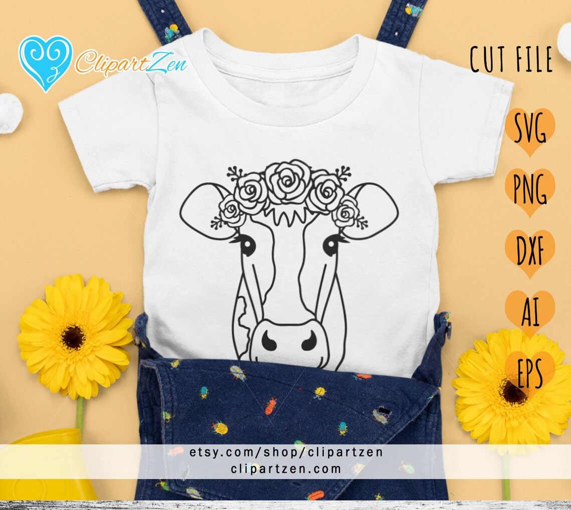 Cow With Floral Flowers Crown, Cattle Heifer, Farmhouse Cow Face Cut ...
