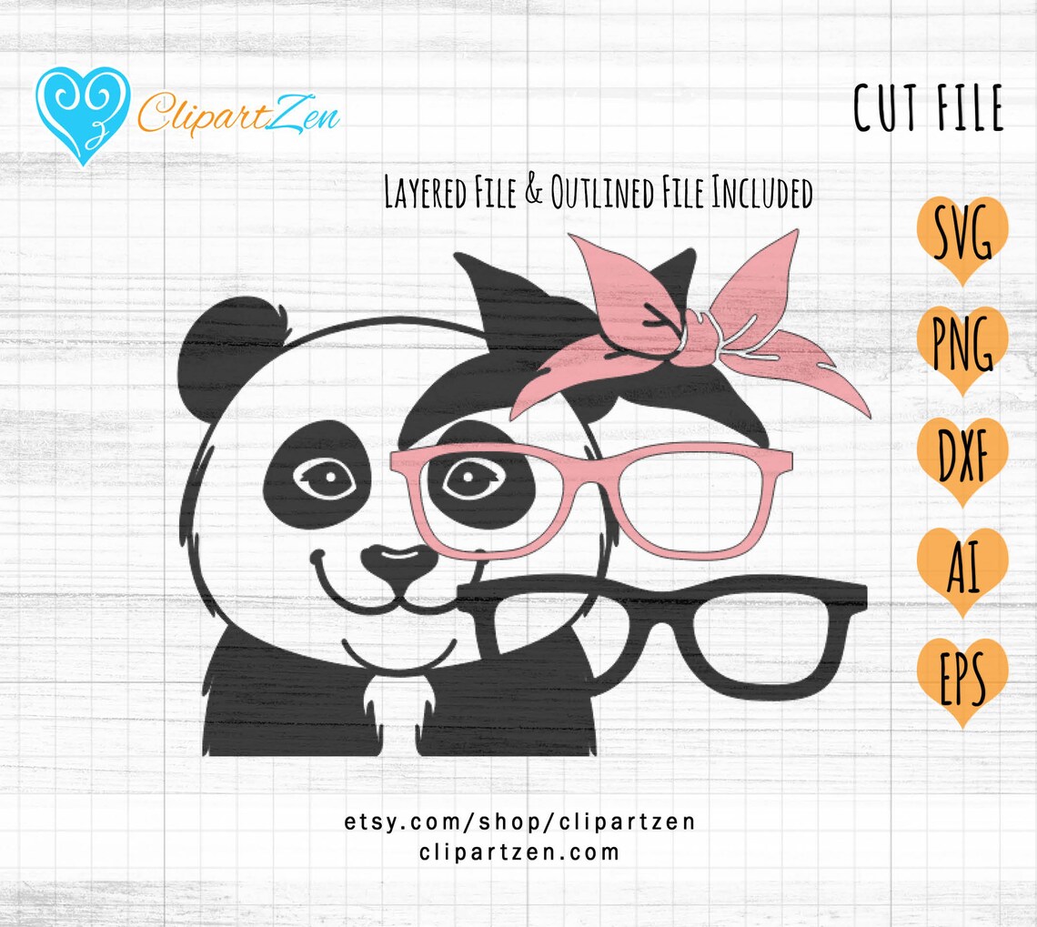 Cute Panda Face Head With Glasses and Bandana, Cut File, Svg, Png, Dxf ...