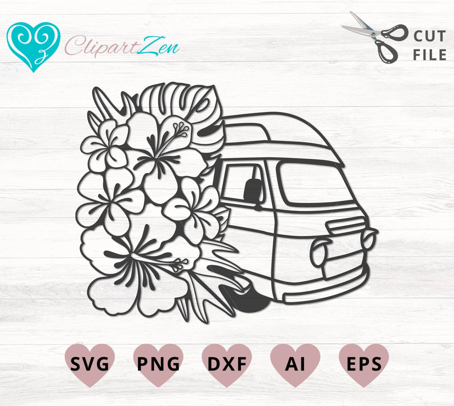 Camper Van Tropical Flowers, Cut File, Svg, Png, Dxf, Eps, Ai, Clipart ...