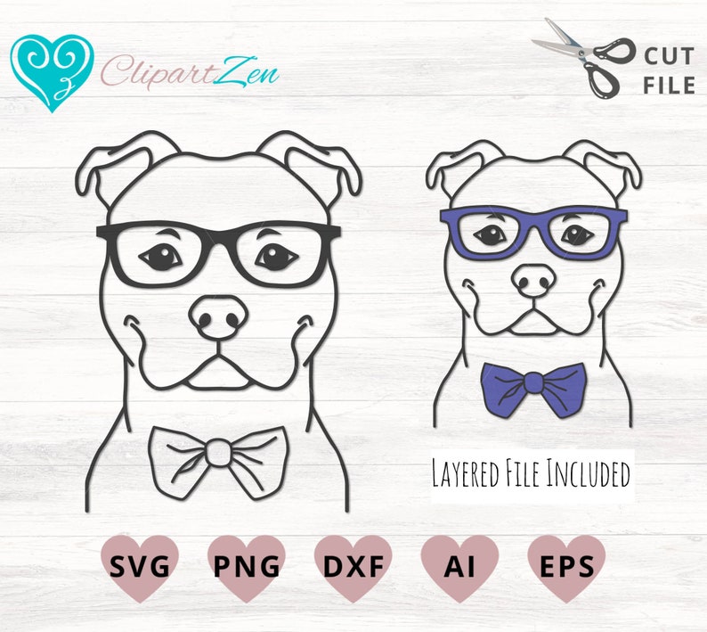 Pitbull Dog With Glasses Bowtie, Pitbull Face Outline Svg, Pitbull Head ...