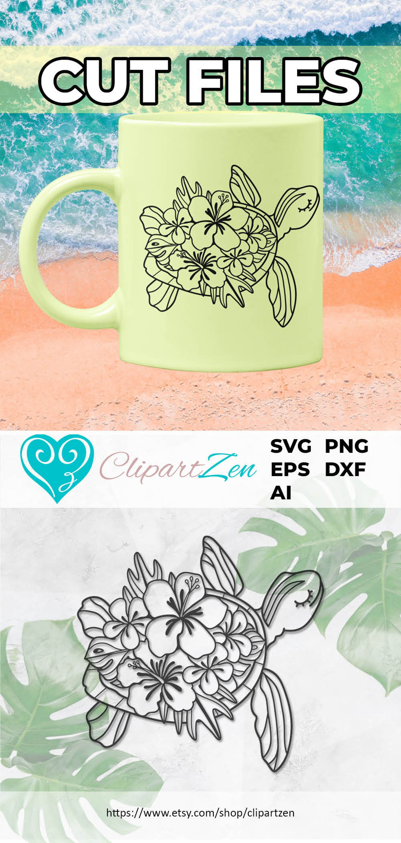 Turtle Svg, Sea Turle Svg, Turtle With Tropical Flowers, Summer Svg ...
