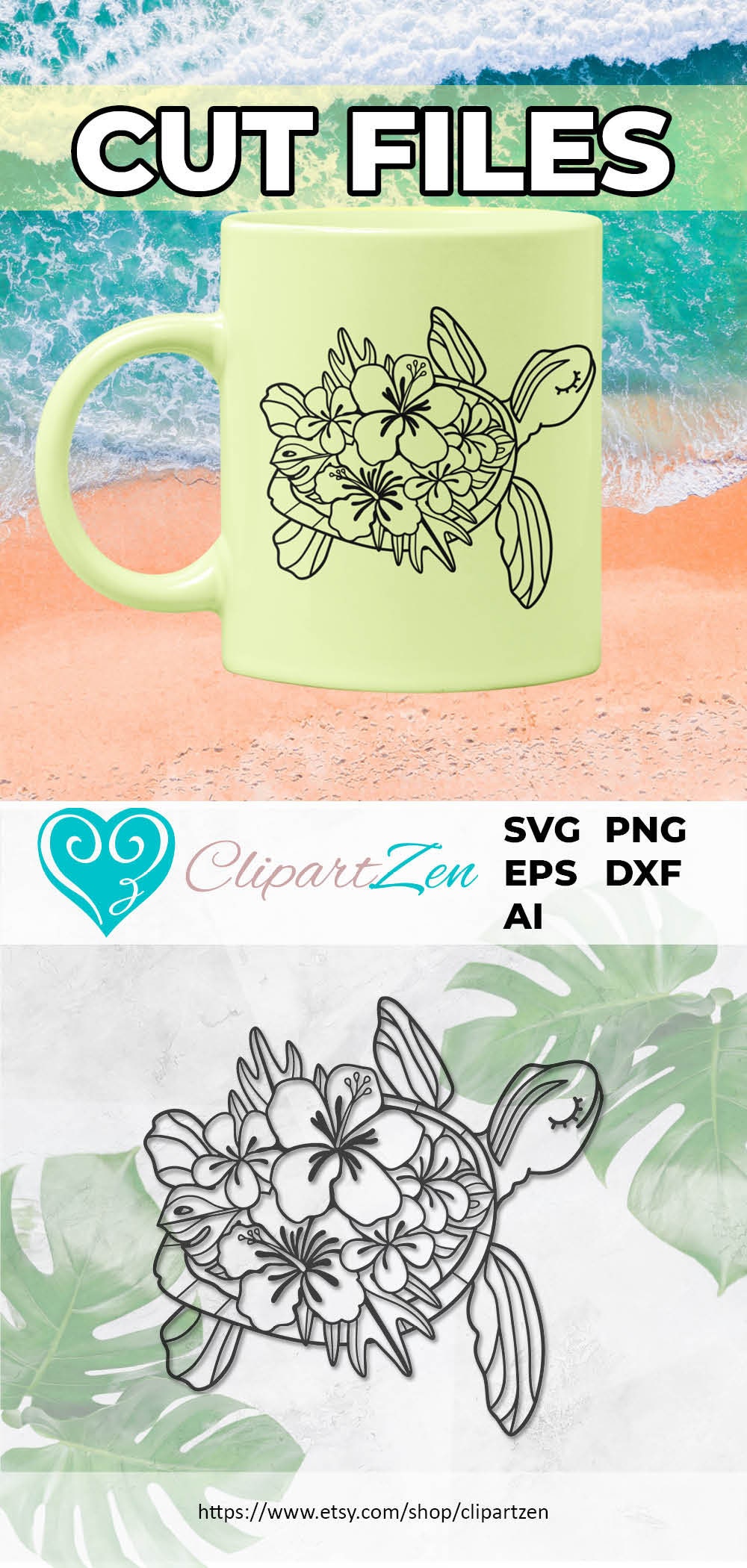 Turtle Svg, Sea Turle Svg, Turtle With Tropical Flowers, Summer Svg ...