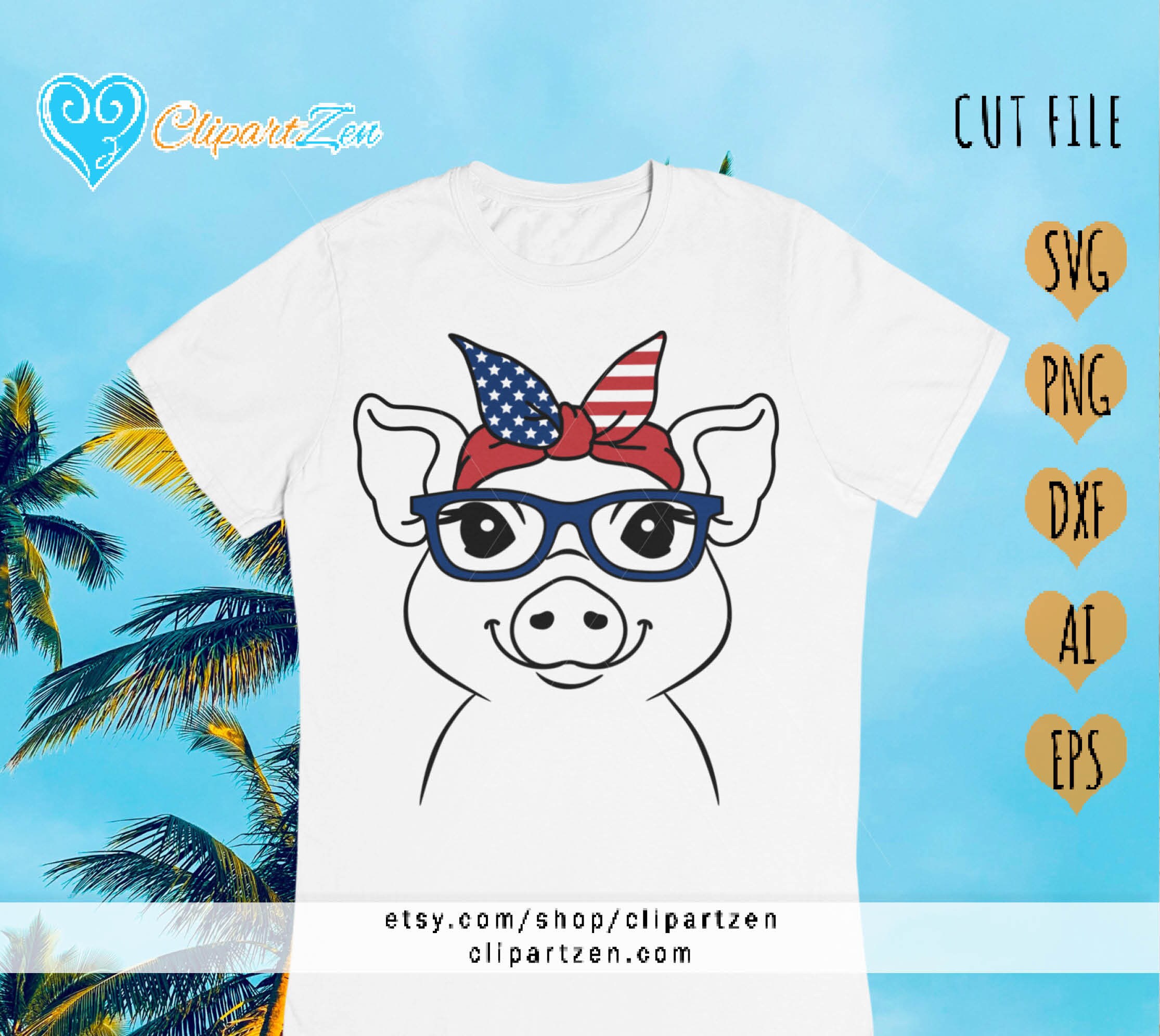 Fourth of July Pig With Glasses and Bandana Memorial Day, Svg, Png, Dxf ...