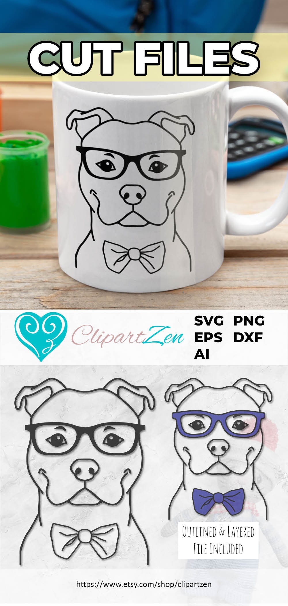 Pitbull Dog With Glasses Bowtie, Pitbull Face Outline Svg, Pitbull Head ...