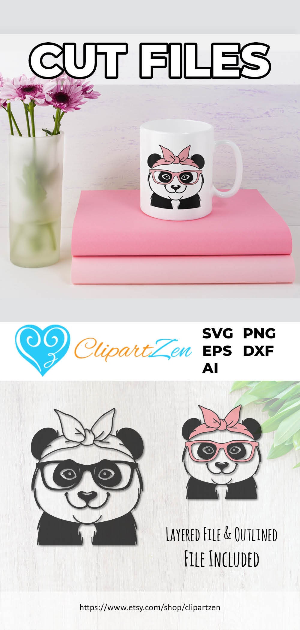 Cute Panda Face Head With Glasses and Bandana, Cut File, Svg, Png, Dxf ...