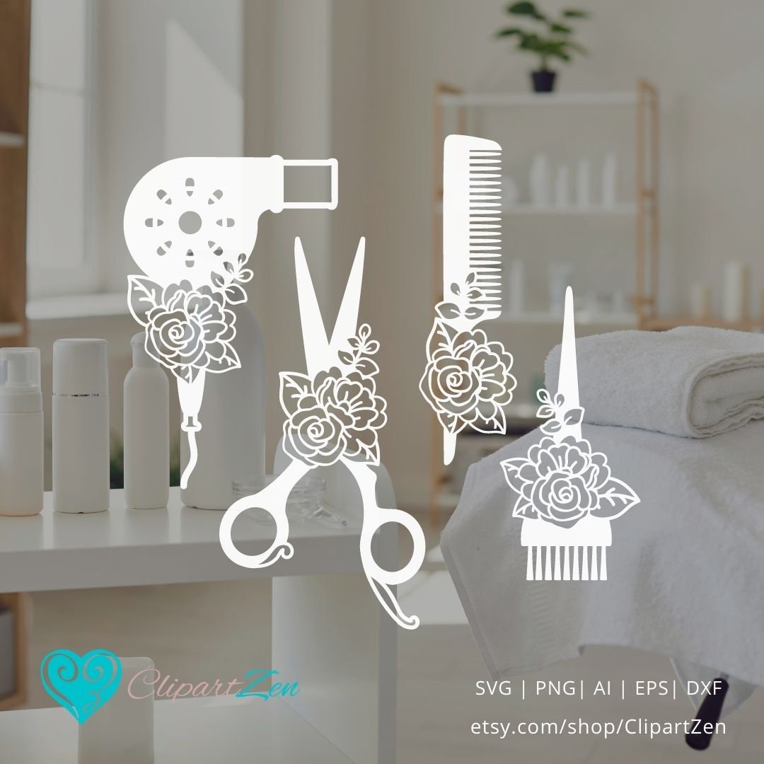 Floral Hair Stylist Salon Svg, Cosmetology Svg, Salon Tools Clipart ...