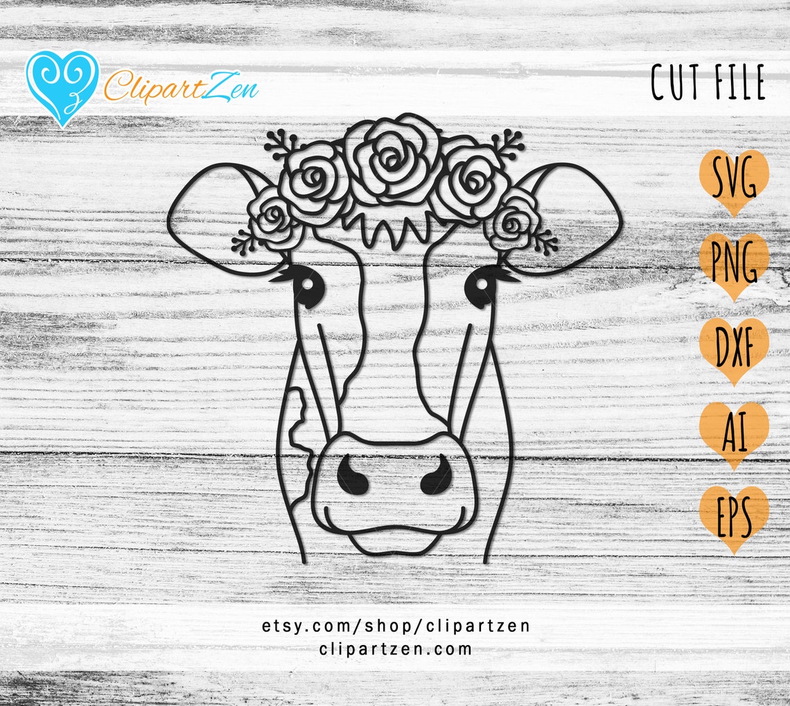 Cow With Floral Flowers Crown, Cattle Heifer, Farmhouse Cow Face Cut ...