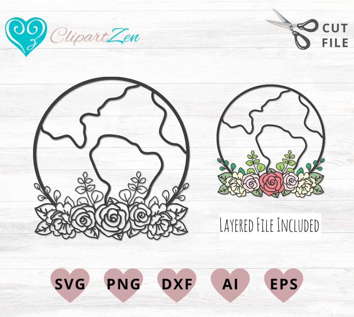 Earth With Flowers, Planet Earth Day, Cut File, Svg, Png, Dxf, Eps, Ai ...