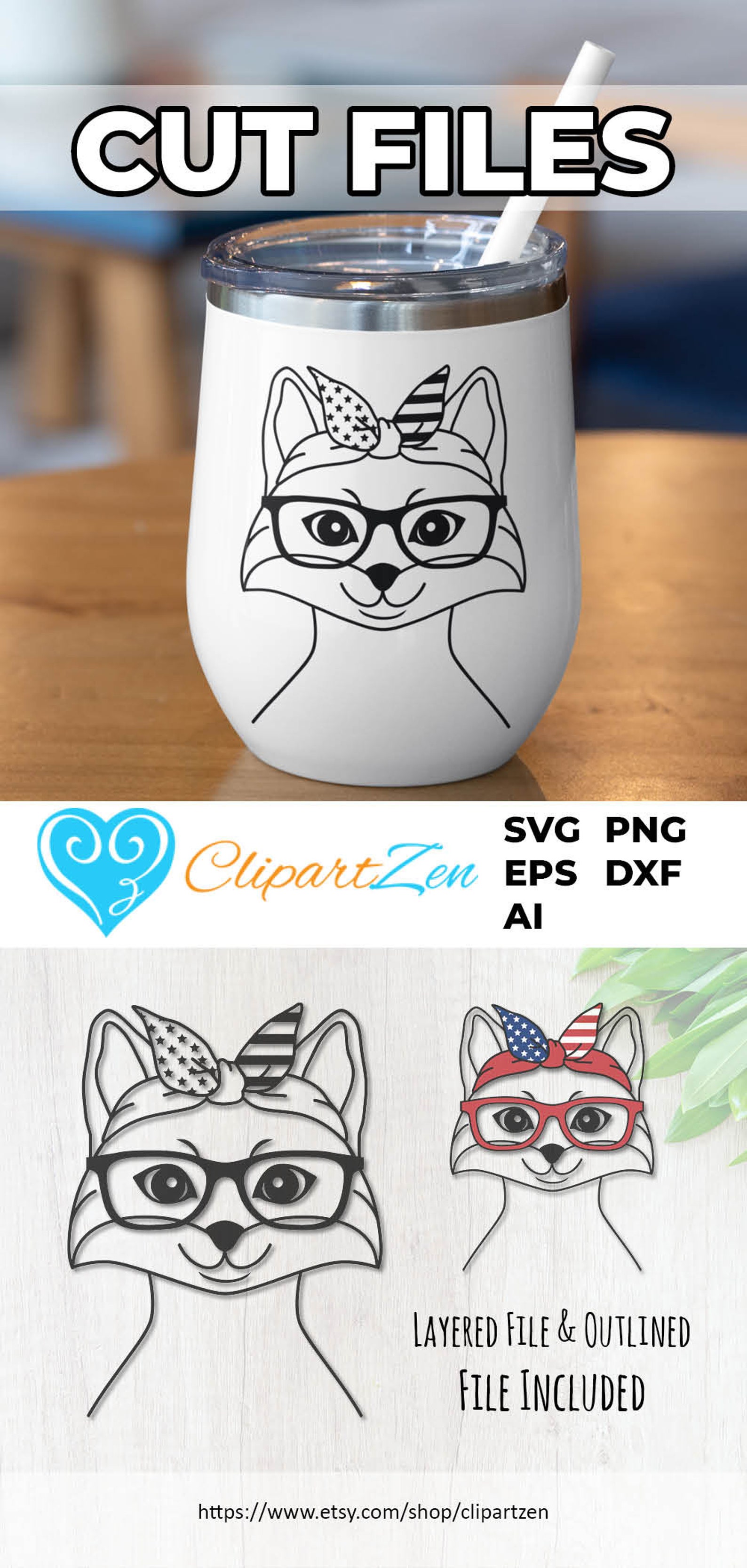 Fourth of July Fox With Glasses and Bandana Memorial Day, Svg, Png, Dxf ...