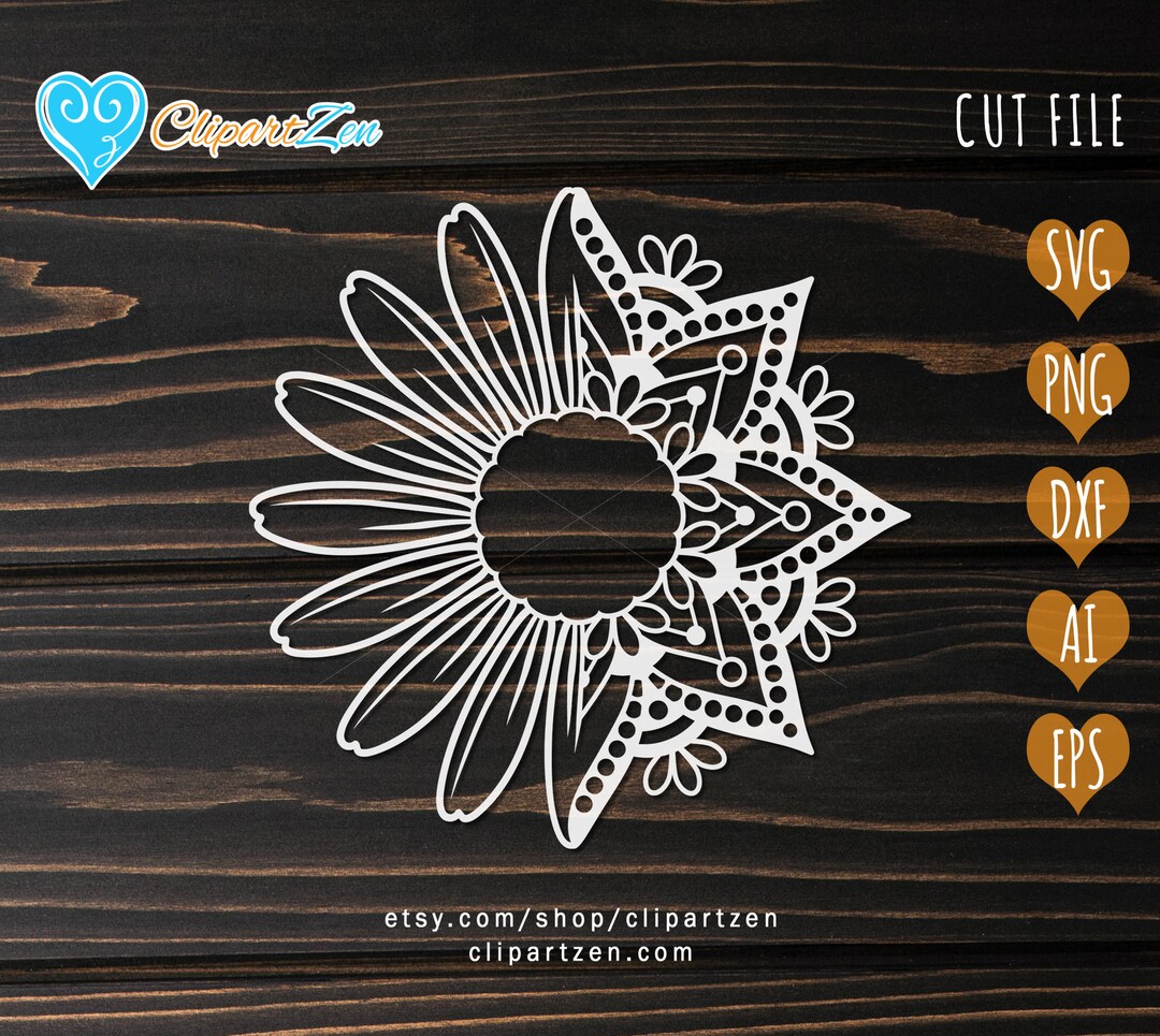 Daisy Flower Mandala Half Monogram Clipart Frame Cut File, Svg, Png ...