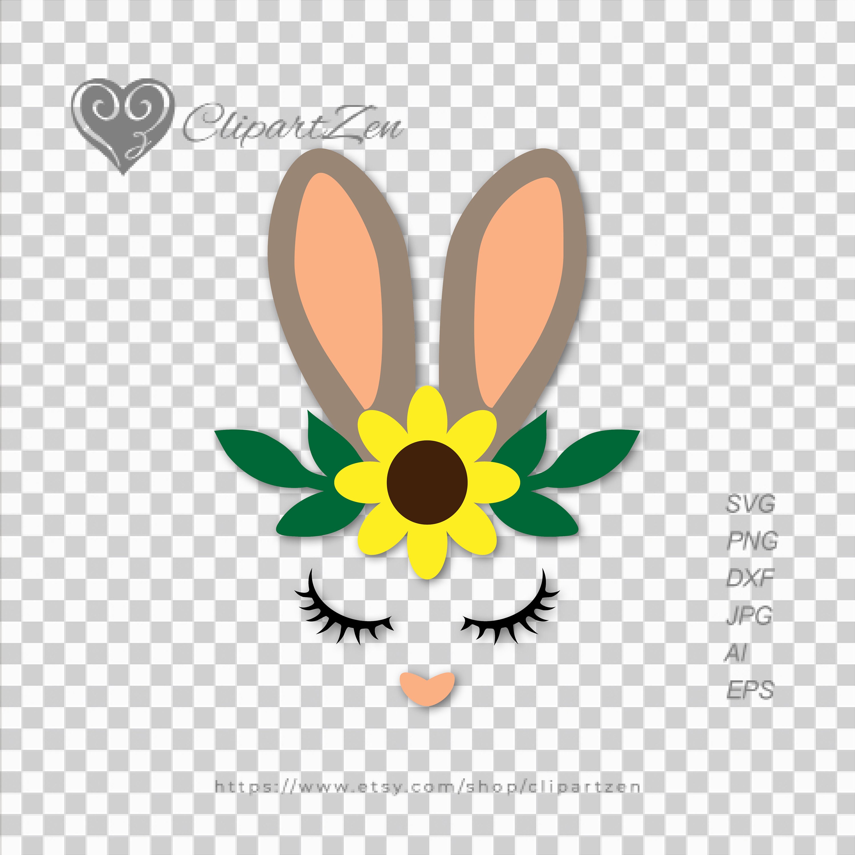 Bunny Rabbit Face and Ears Daisy Spring Flower Svg, Png, Dxf, Jpg, Eps ...