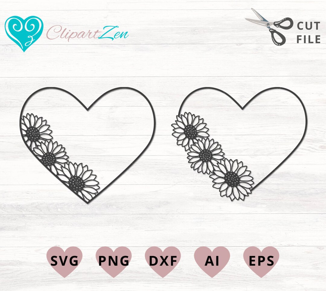 Sunflower Flower Floral Heart Frame Minimal Cut File, Svg, Png, Dxf ...