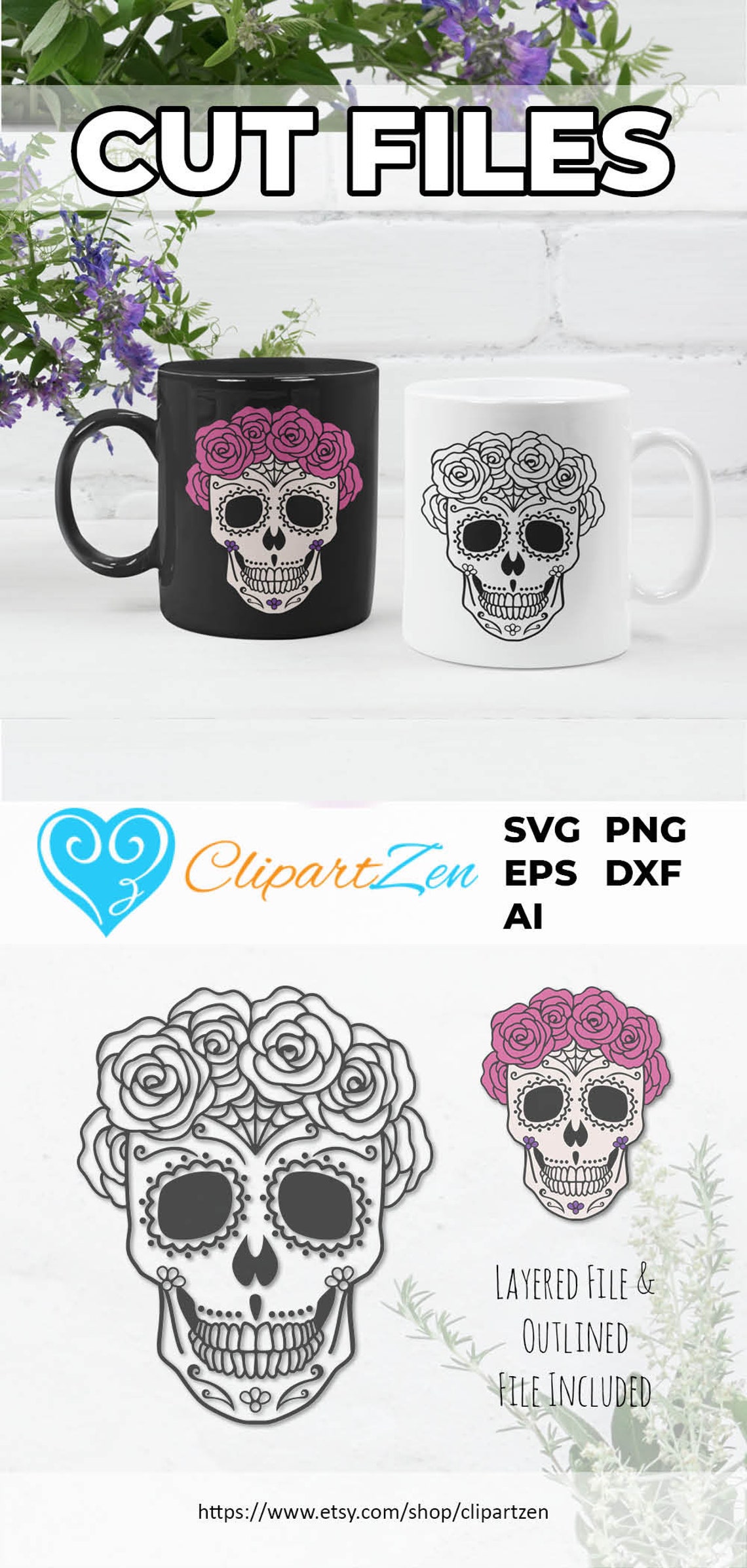 Sugar Skull Svg, Rose Floral Skull Svg, Day of the Dead Svg, Dia De Los ...