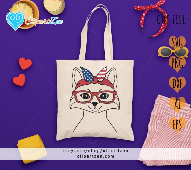 Fourth of July Fox With Glasses and Bandana Memorial Day, Svg, Png, Dxf ...