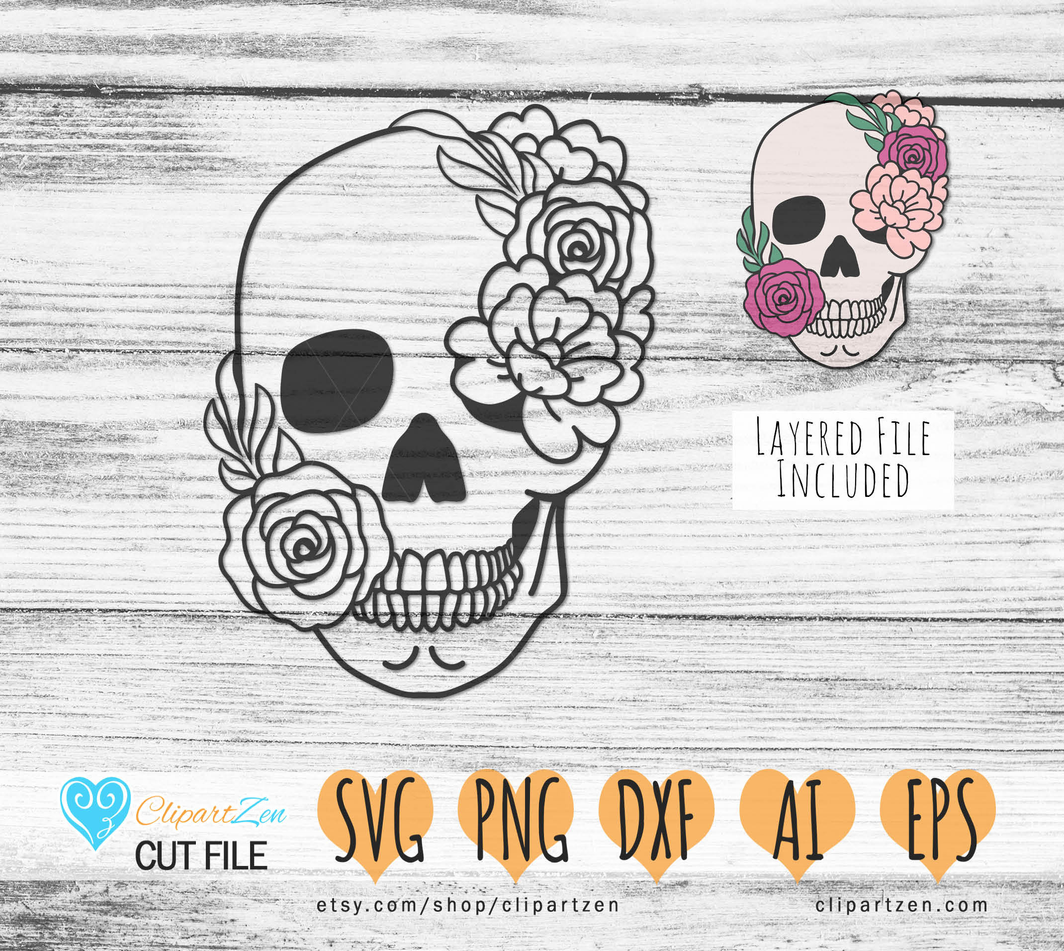 Sugar Skull Svg, Floral Skull Svg, Cut File, Svg, Png, Dxf, Eps, Ai ...