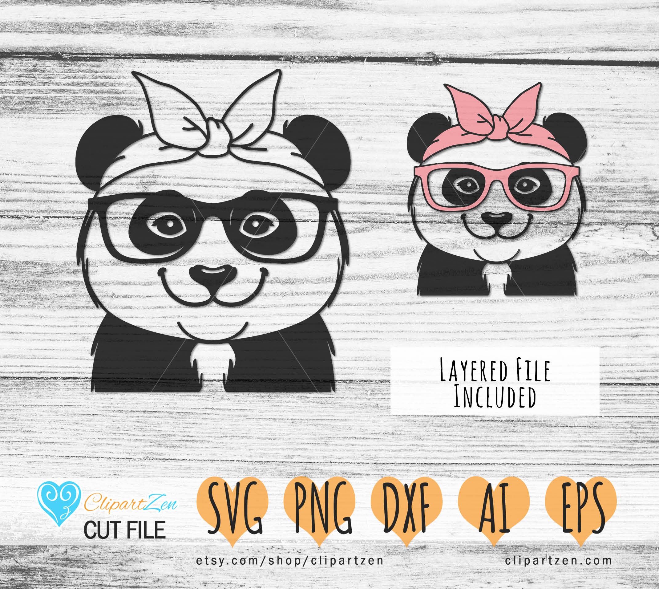 Cute Panda Face Head With Glasses and Bandana, Cut File, Svg, Png, Dxf ...
