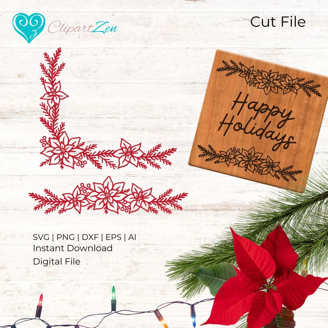 Christmas Flower Poinsettia Border Frame, Line, Corner, Cut File,svg ...
