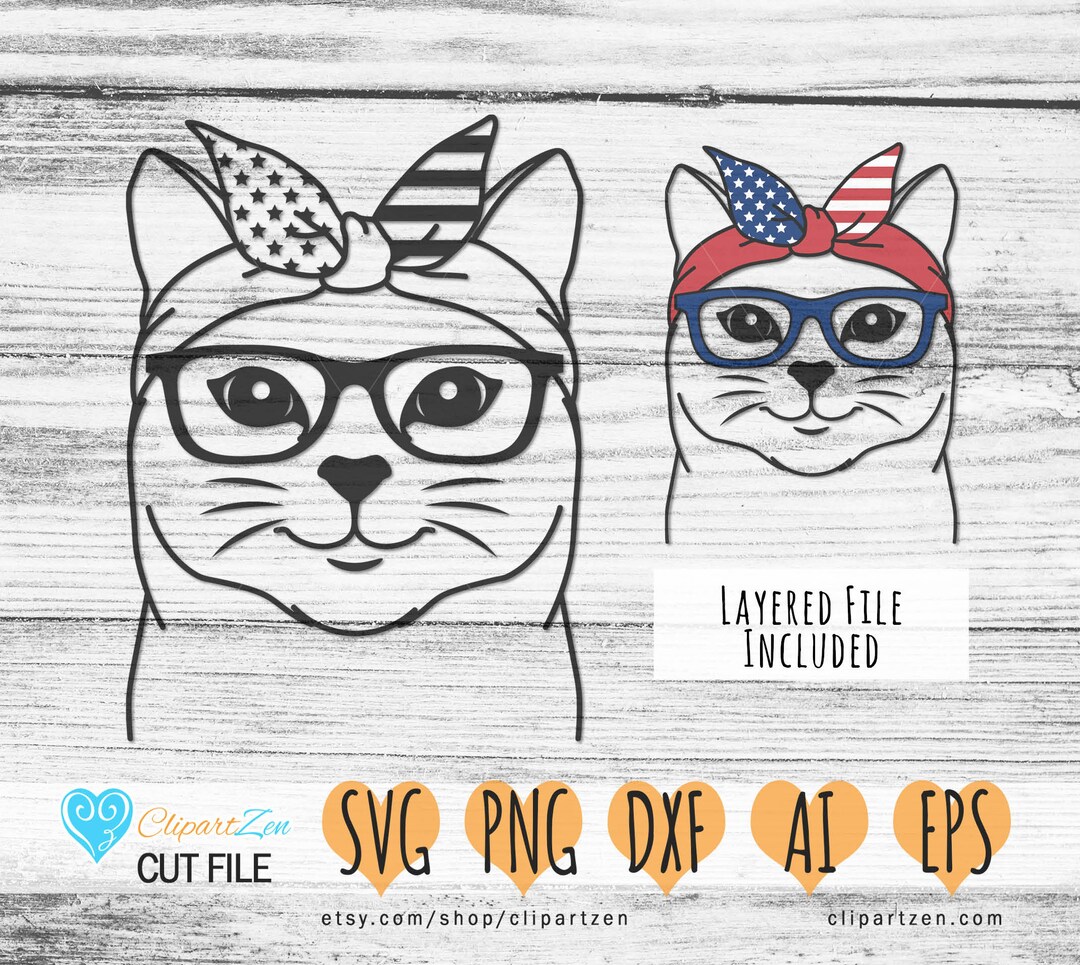 Fourth of July Cat With Glasses and Bandana Memorial Day, Svg, Png, Dxf ...
