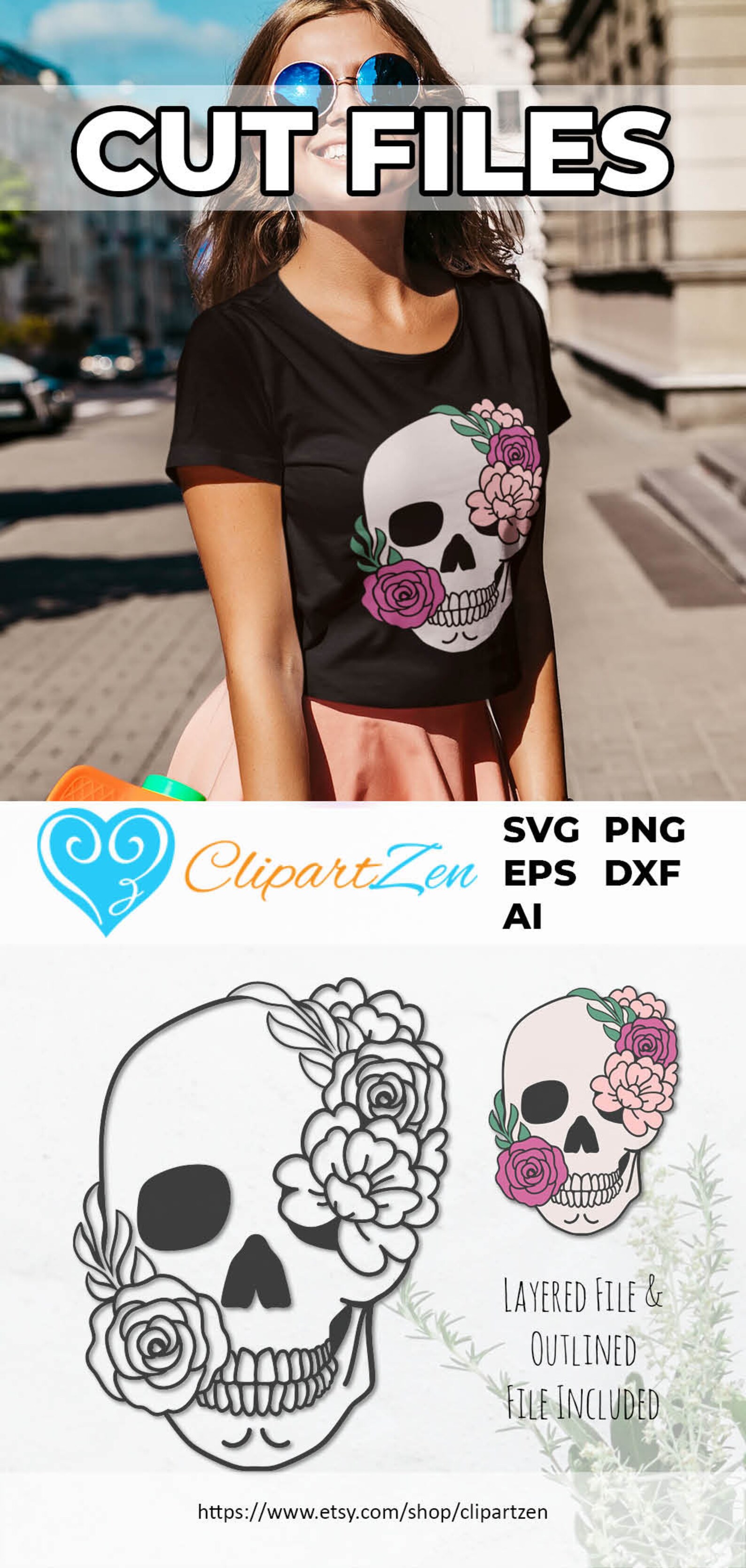 Sugar Skull Svg, Floral Skull Svg, Cut File, Svg, Png, Dxf, Eps, Ai ...