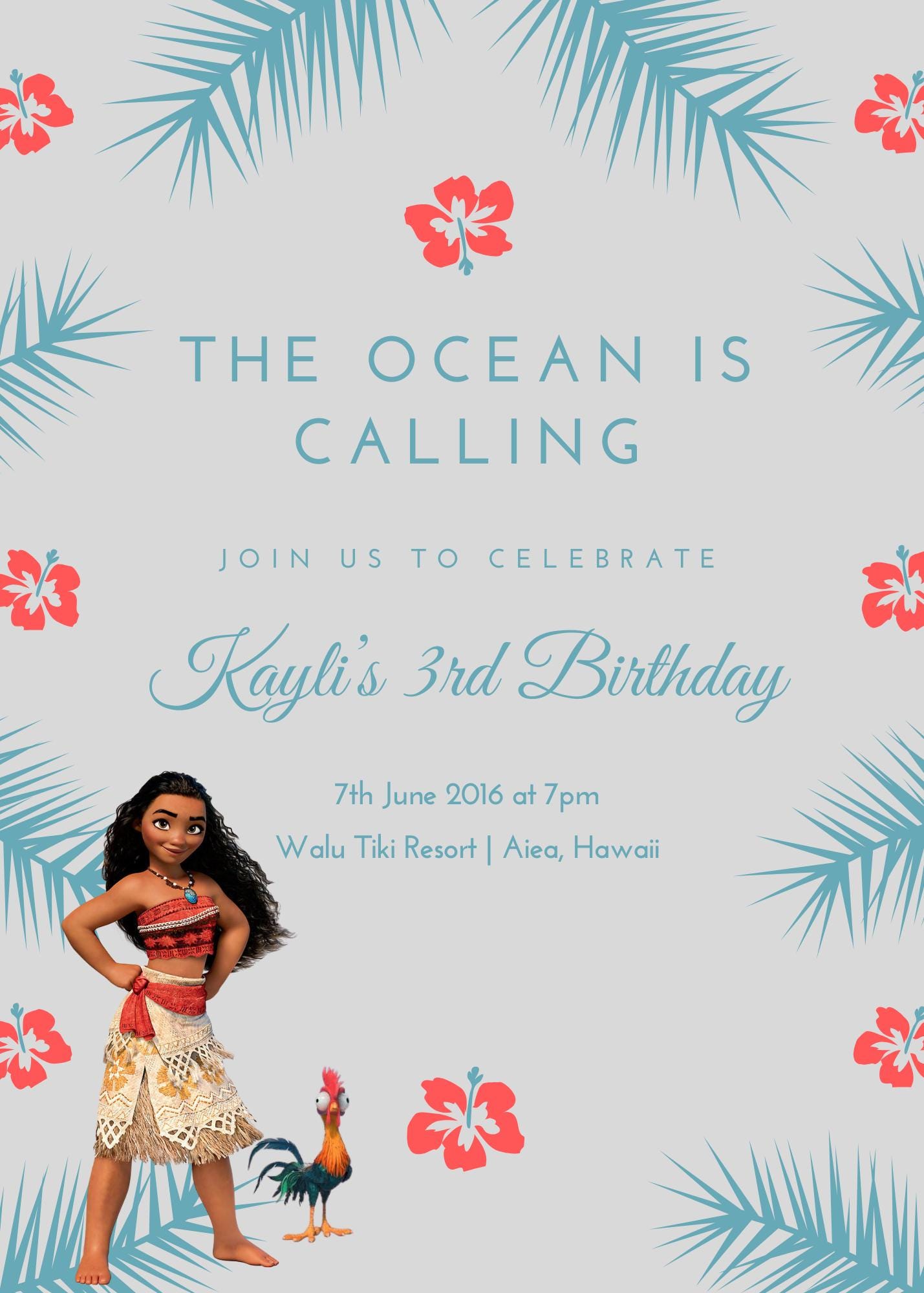 Moana Birthday Invitation Template, Editable Birthday Invite, Printable ...