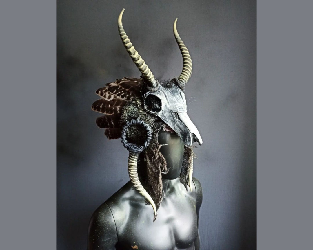 Feather Shaman Headdress With Horns, Turkey Feathers and Skull, Horn ...