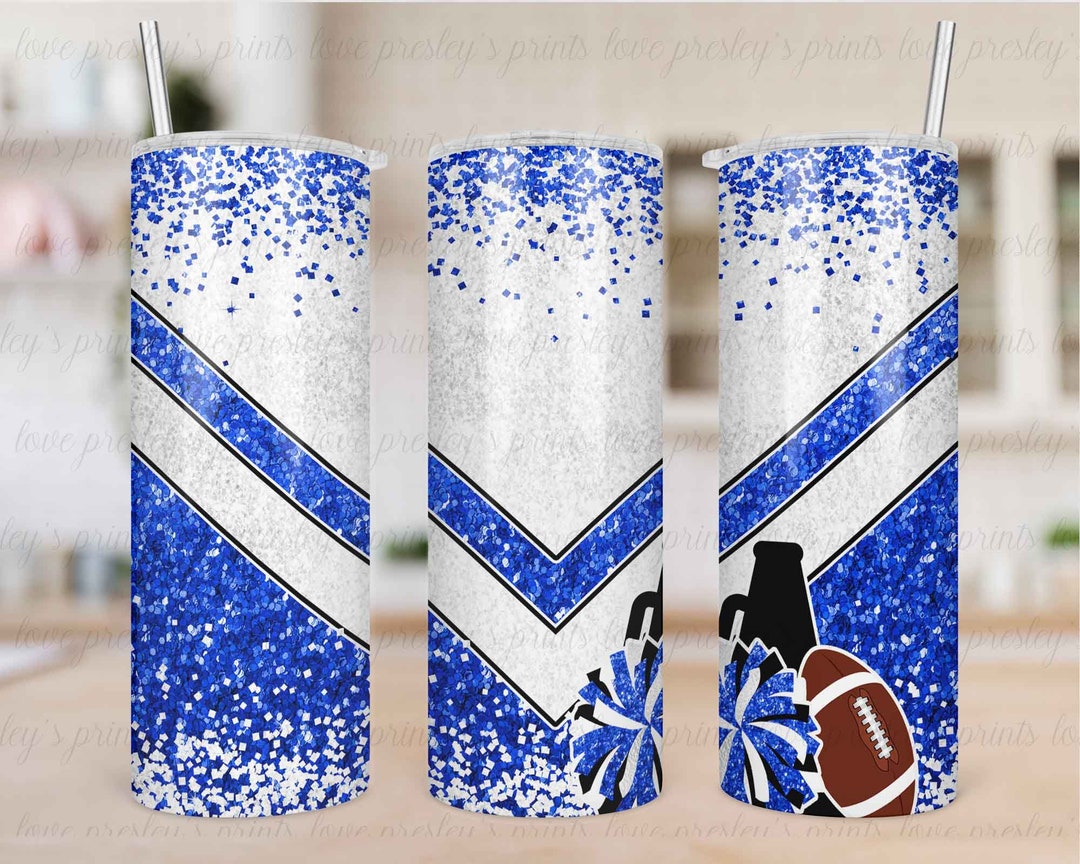 Blue White Football Cheer Glitter Tumbler Sublimation, School Football ...