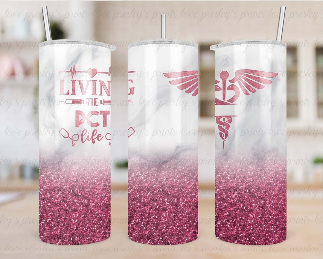 Living the PCT Life Patient Care Technician Glitter Marble Pink Tumbler ...