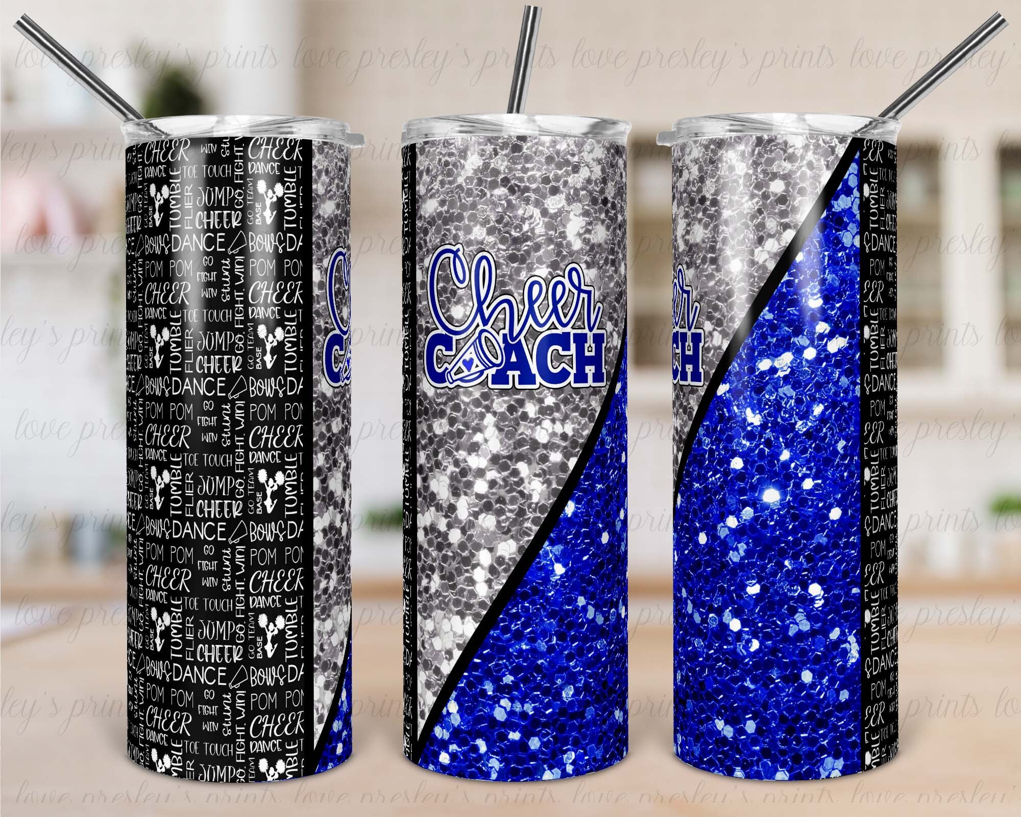 Blue Silver Cheer Coach Sublimation Tumbler Template Glitter Split ...