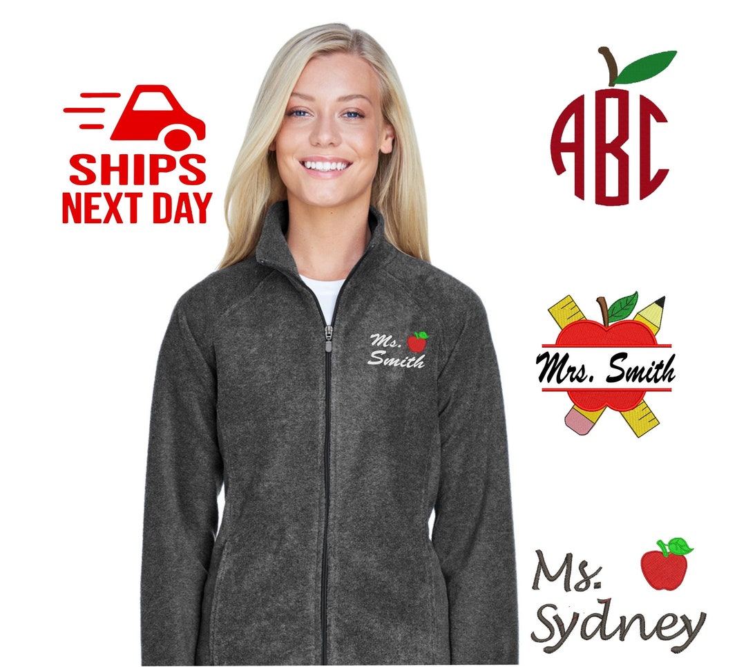 Monogrammed Teacher Fleece Jacket: Embroidered Name and Apple Design ...