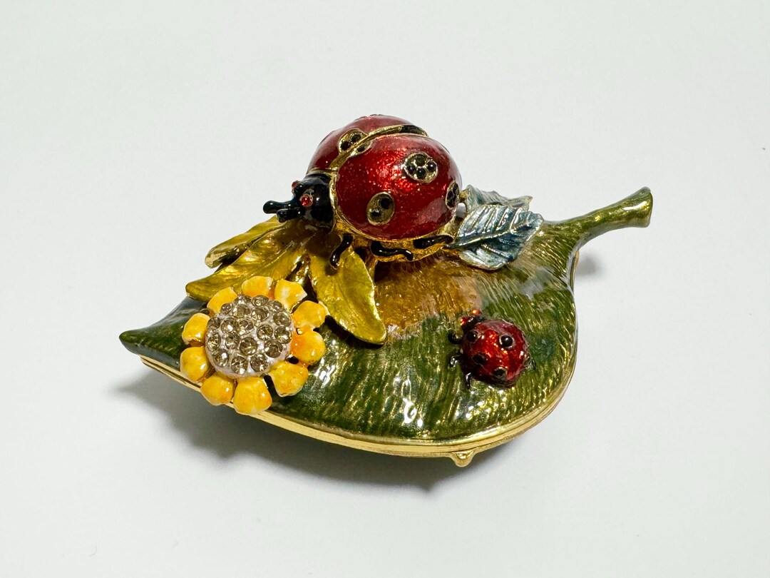 Leaf Jewelry Box, Ladybug Trinket Box, Enameled Metal Box With ...