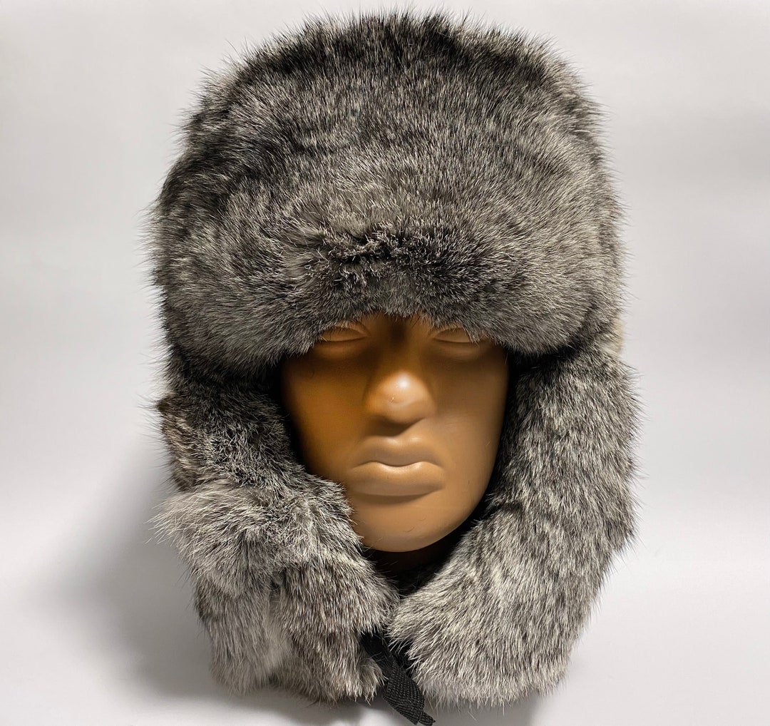 Winter Hat Ushanka, Ear Flap Trapper Hat, Gray Rabbit Fur Hat, Furry ...