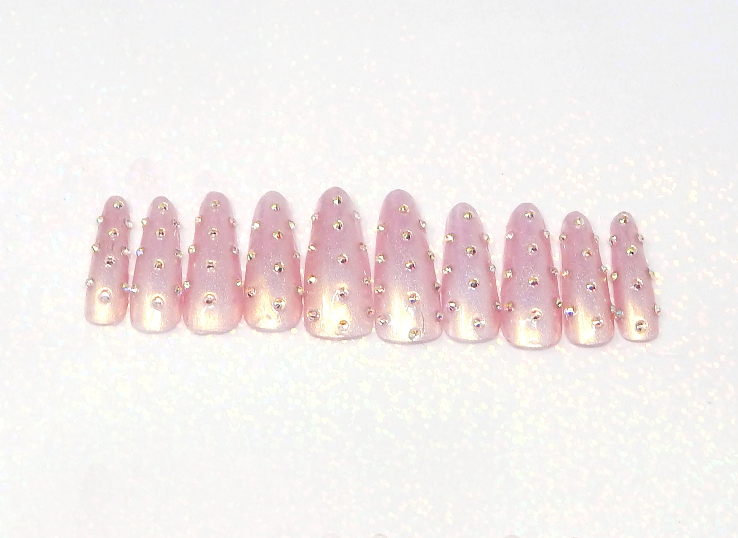 Pink Gemstone Press Ons, Gold Rhinestone Press on Nails, Cute Girly Pop ...