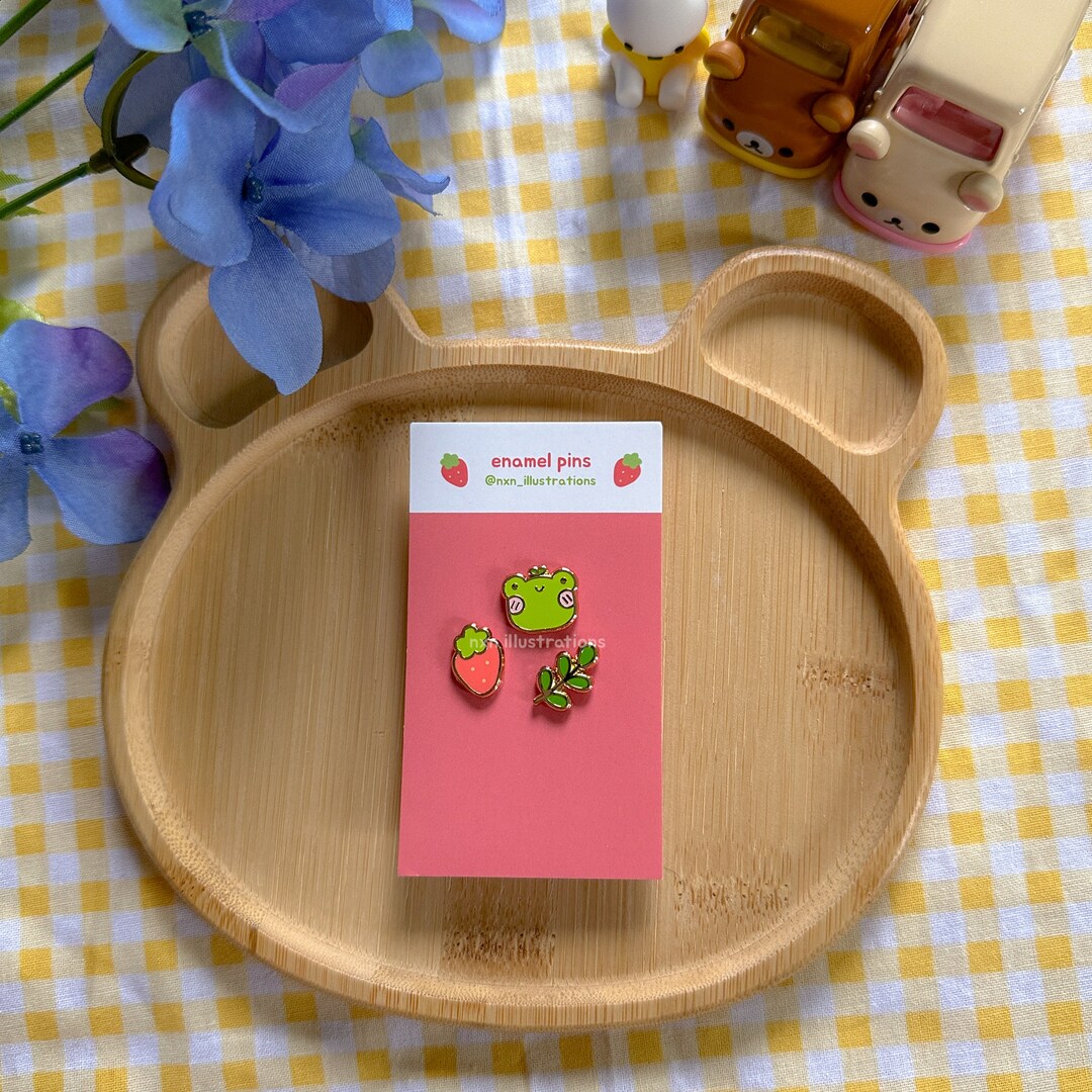 Mini Froggo Pin Set 3 Mini Enamel Pins, Frog, Strawberry, Leaf - Etsy