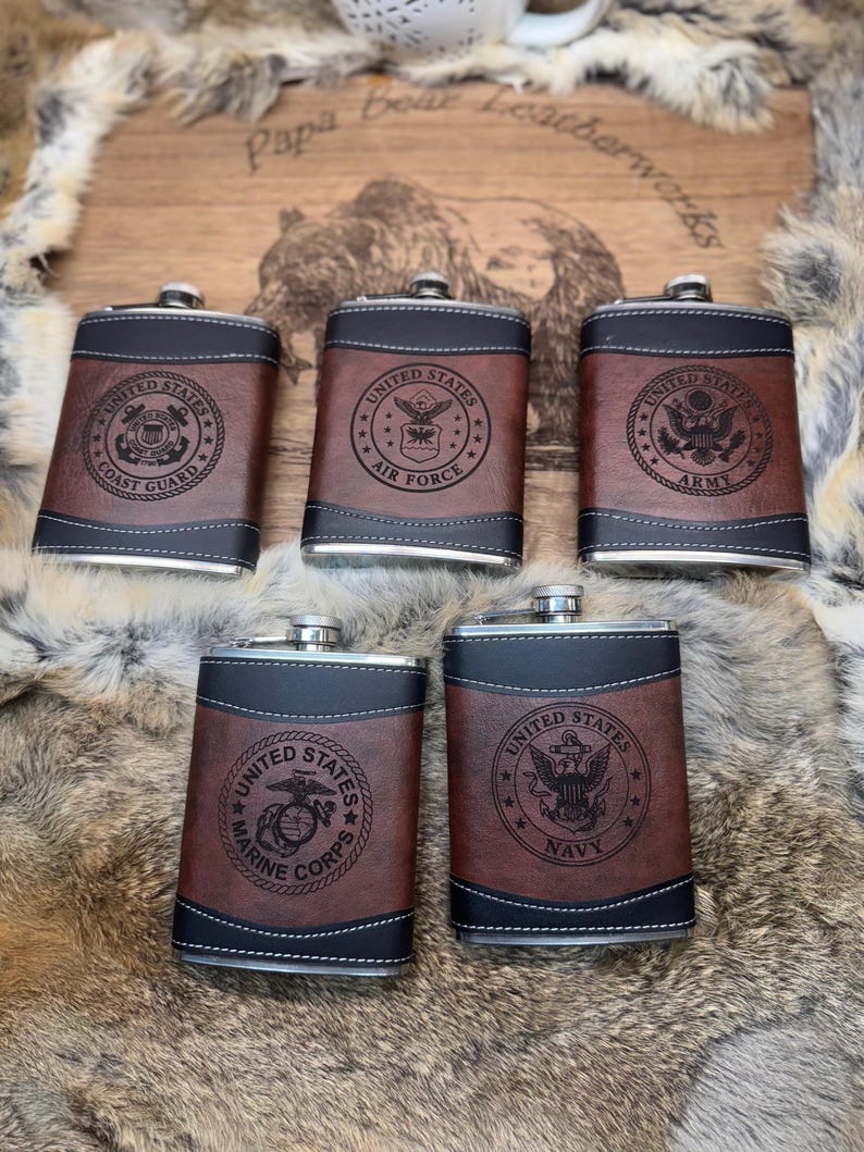 Personalized Leather Wrapped Flask Military Army Nave Air Force Marines ...