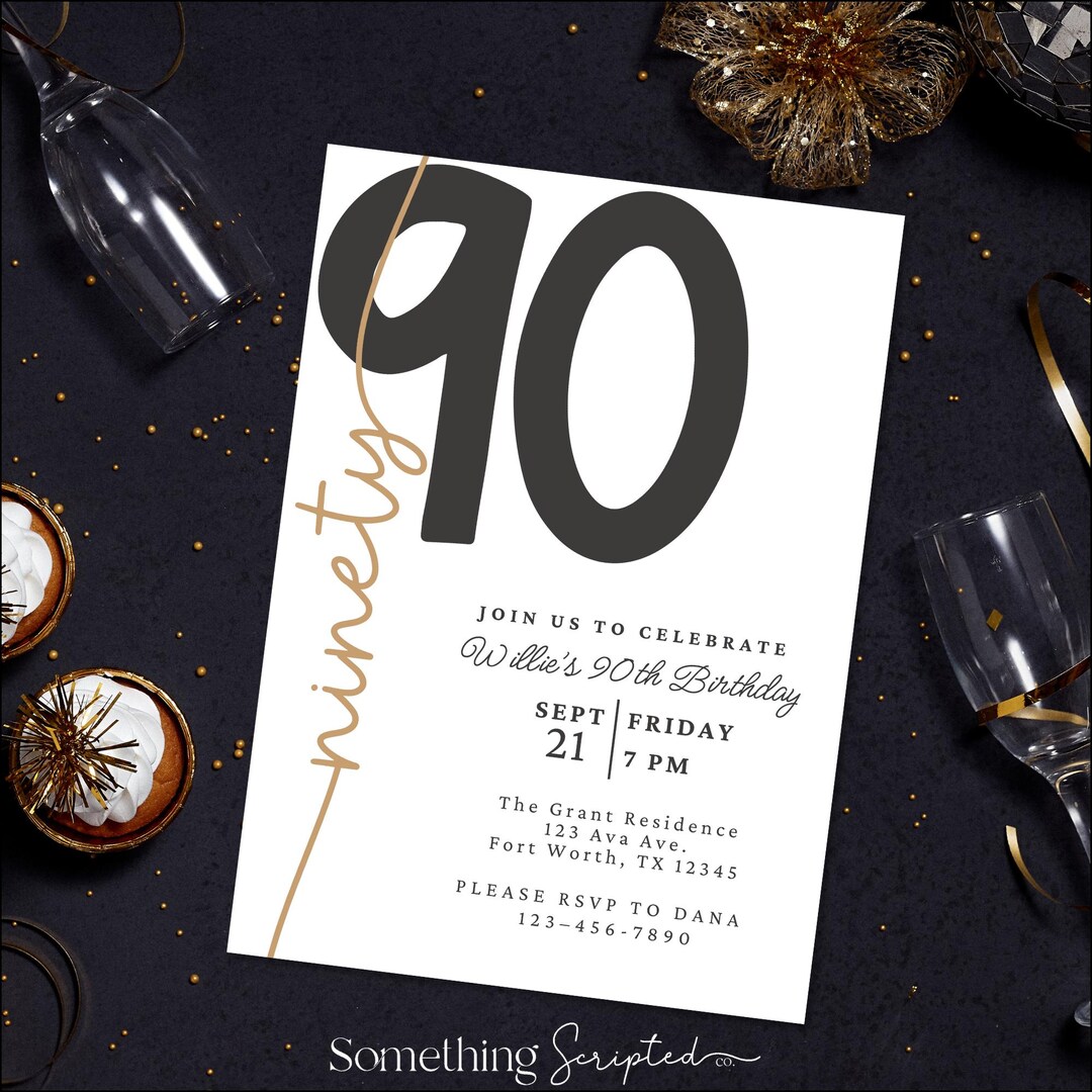 Ninetieth Birthday Printable Invitation Template, Print at Home ...