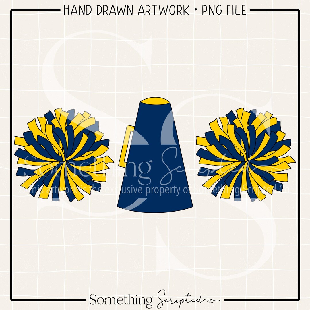 Navy Gold Cheerleading Megaphone Pompoms PNG Sublimation Design: Hand ...