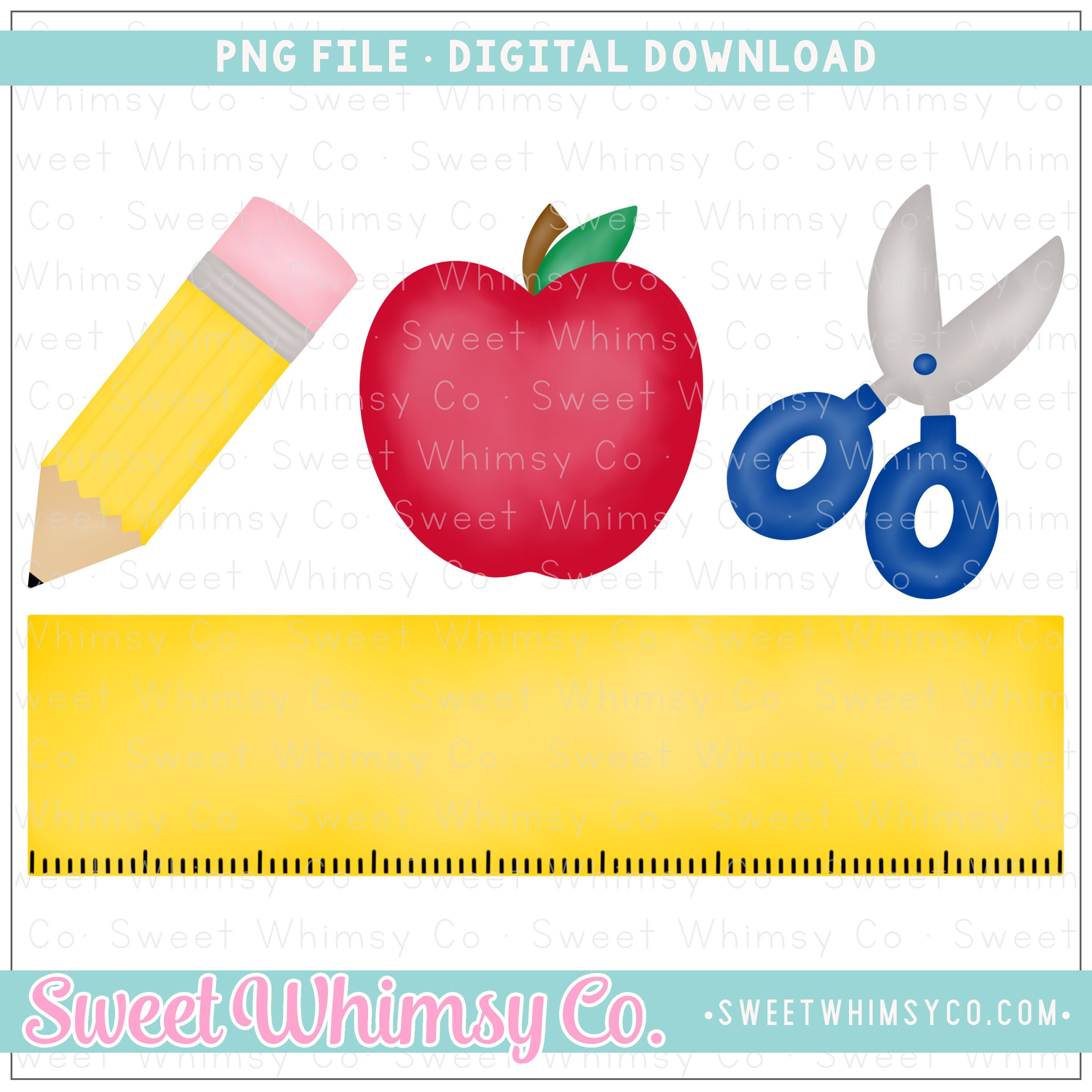 School Supplies Pencil Apple Scissors Ruler Name Plate PNG - Etsy