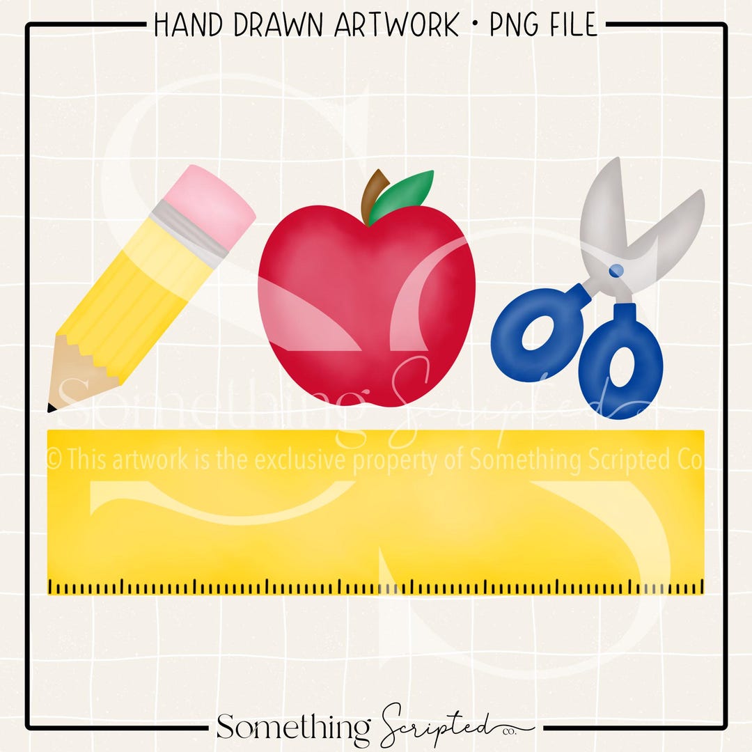 School Supplies Pencil Apple Scissors Ruler Name Plate PNG Sublimation ...