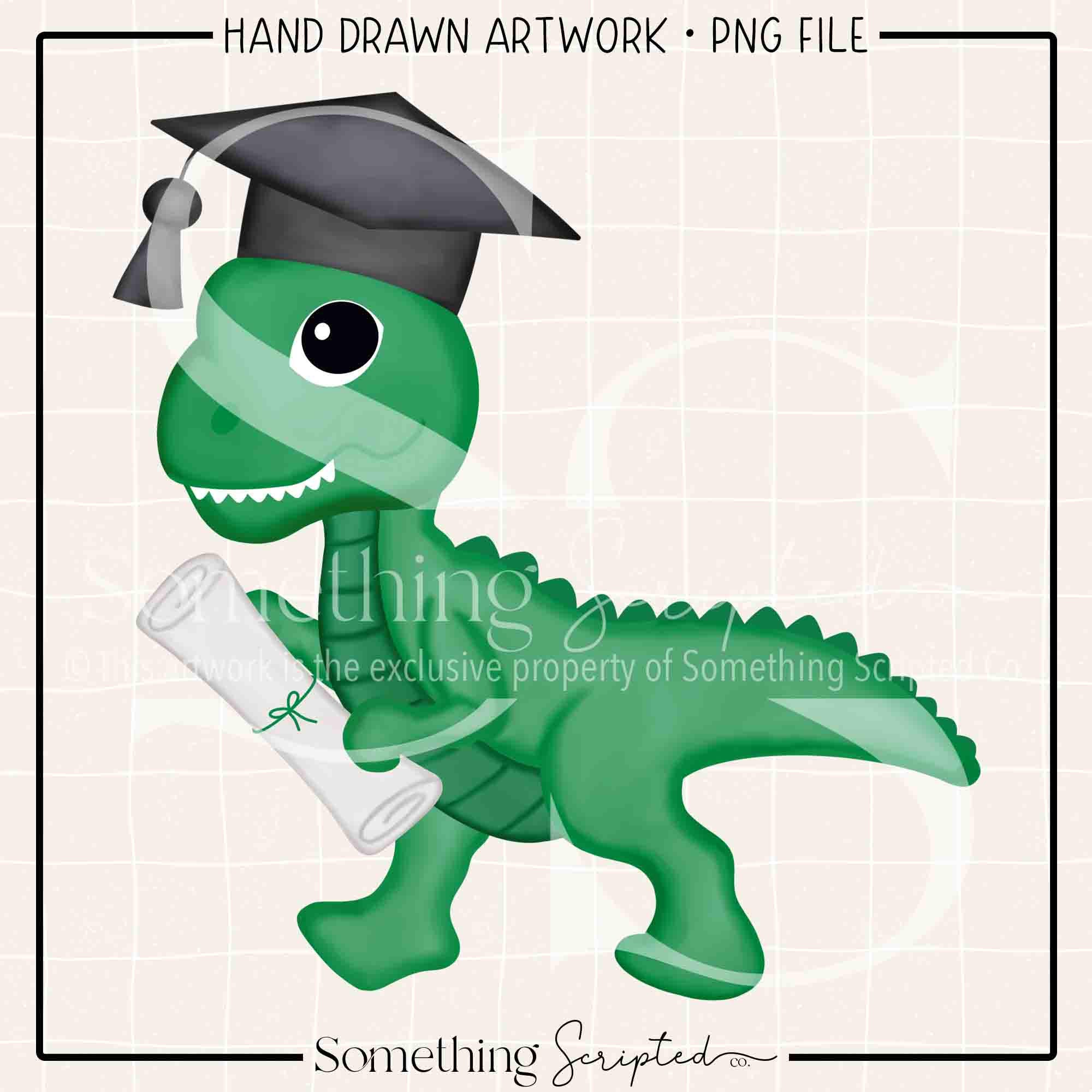 Green Graduation Dinosaur PNG Sublimation Design: Hand-drawn Printable ...