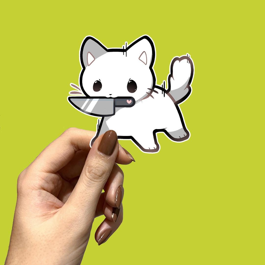 Stabby Cat White Die Cut Sticker - Waterproof Die Cut Sticker - Cute ...