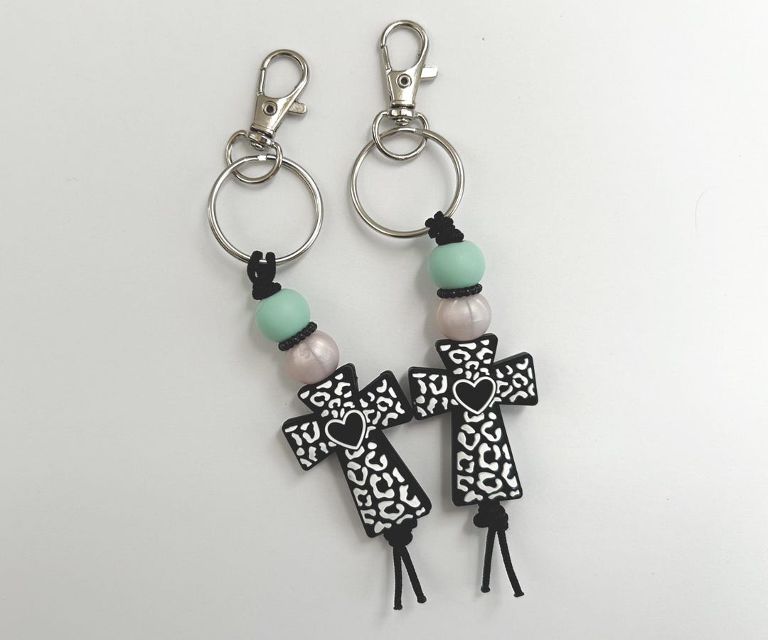Cheetah Print Cross Keychain | Birthday Gift | Silicone Bead | Zipper ...