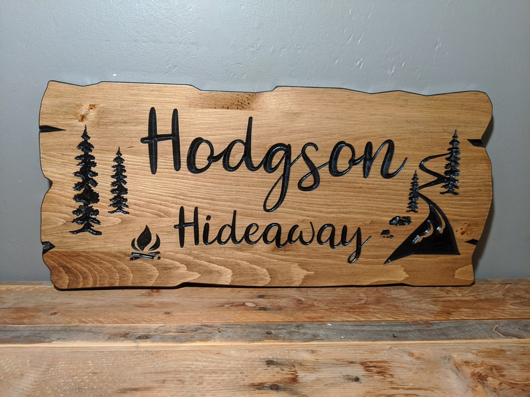 Personalized Carved Outdoor Sign With Trees,firepit and River, Perfect ...