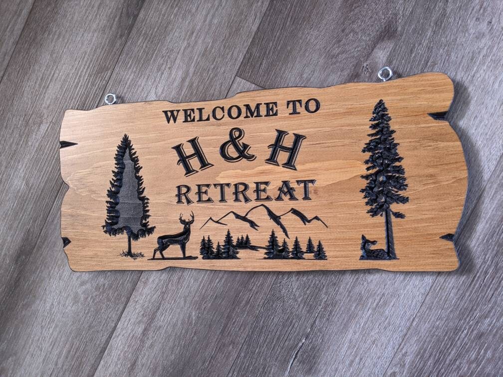 Custom Wood Carved Sign With Trees Mountain and Deer for - Etsy Canada