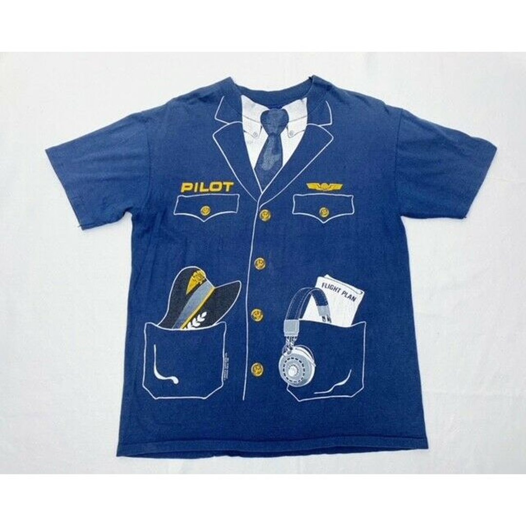 Vintage 80s Pilot T-shirt Blue Large 1981 Airplane Front All Over ...