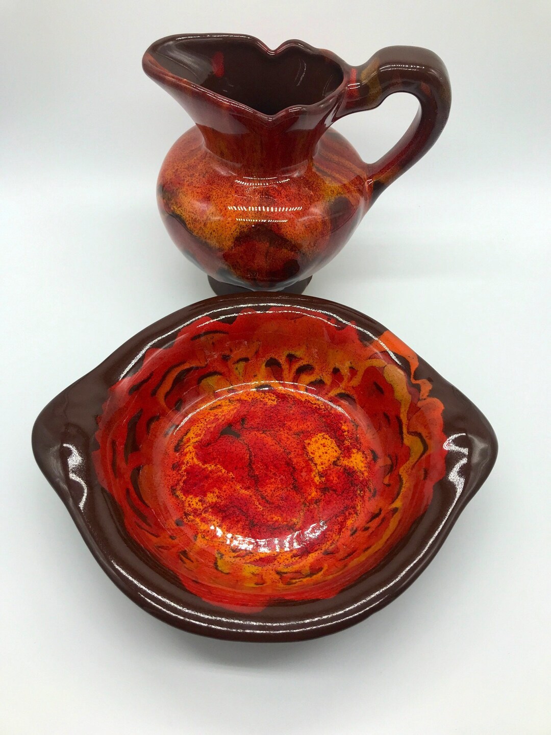 Vintage 1970's Cal Style Pitcher & Bowl 1107 USA Gorgeous Red Orange ...