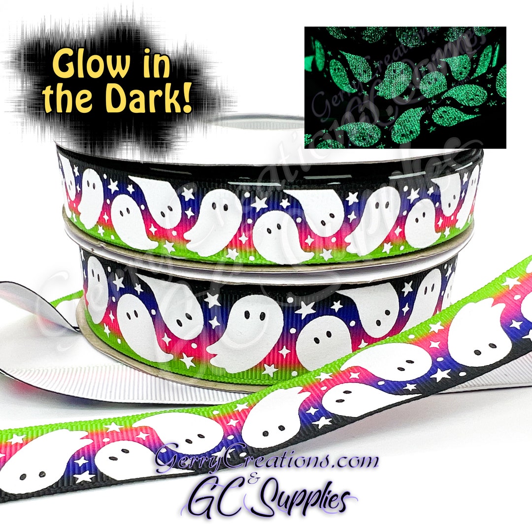 USDR Grosgrain Ribbon 7/8 & 5/8 GLOW in the DARK Ghosts on Black Purple ...