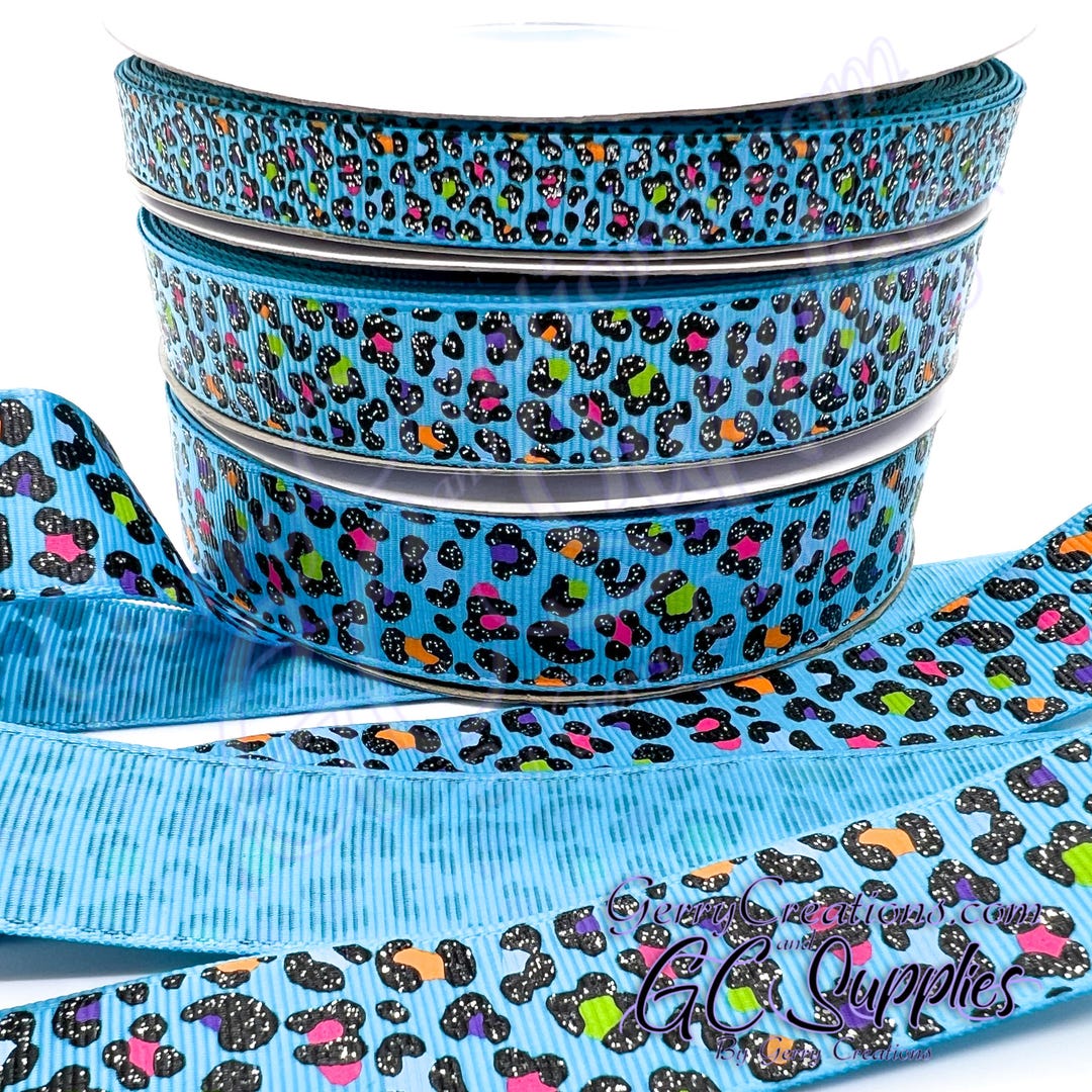 Rainbow Leopard Print - Turquoise Blue - USDR Grosgrain Ribbon 7/8”, 5/ ...