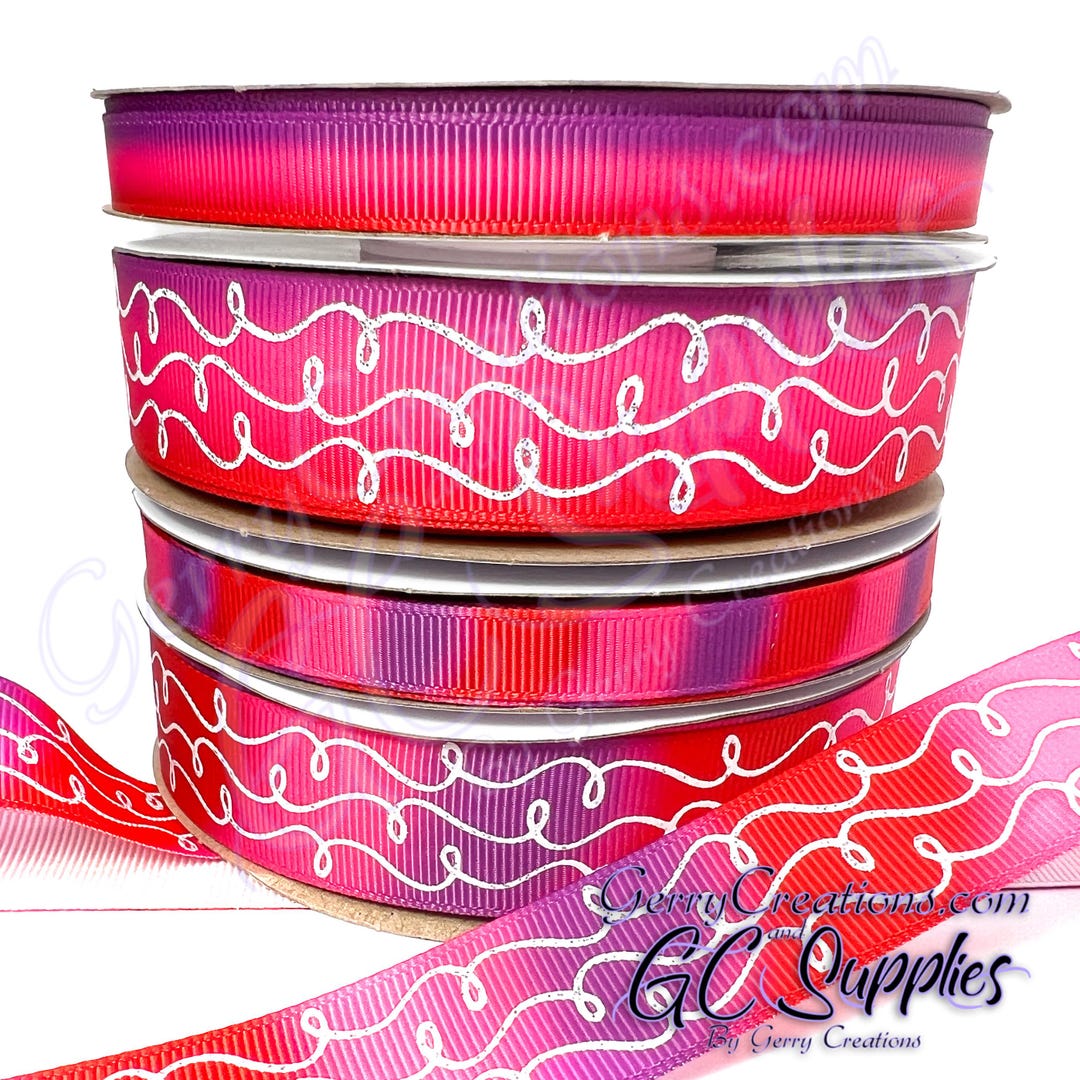 White Squiggles - Purple Pink Red Ombre - USDR Grosgrain Ribbon 7/8 ...