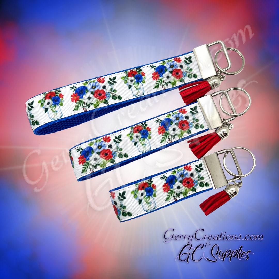 Patriotic - Flowers Red White and Blue in Jars USDR Ribbon Keyfob ...